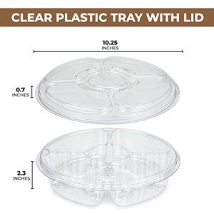 [8 Pack] 10 Inch Round Plastic Appetizer Tray with Lid - 5 Compartment Container, Food Serving Dip Platter, Disposable Clear PET Storage, Kids Snack, Veggie Fruit Travel Organizer for Party and Buffet