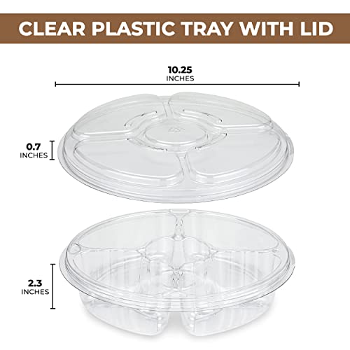 [8 Pack] 10 Inch Round Plastic Appetizer Tray with Lid - 5 Compartment Container, Food Serving Dip Platter, Disposable Clear PET Storage, Kids Snack, Veggie Fruit Travel Organizer for Party and Buffet