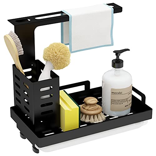 1Easylife UPGRADED Sink Caddy Sink Sponge Holder Brush Soap Dishcloth Holder with Drain Pan Stainless Steel Caddy Organizer for Kitchen, Freestanding or Wall-Mounted (Black)