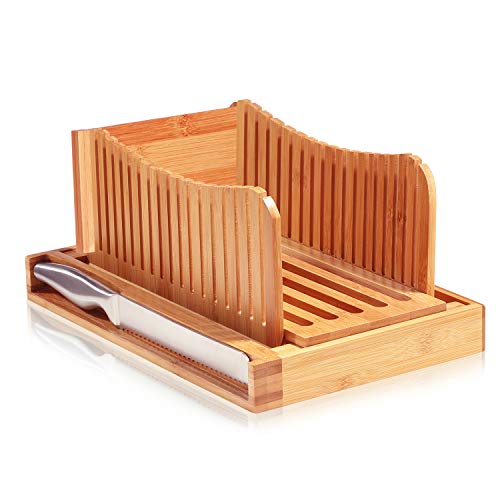 Luxury Bamboo Bread Slicer with Knife - 3 Slice Thickness, Foldable Compact Cutting Guide with Crumb Tray, Stainless Steel Bread Knife for Homemade Bread, Cake, Bagels 5.5” Wide x 5” Tall