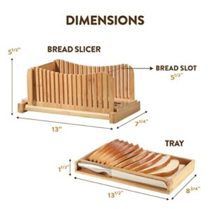 Luxury Bamboo Bread Slicer with Knife - 3 Slice Thickness, Foldable Compact Cutting Guide with Crumb Tray, Stainless Steel Bread Knife for Homemade Bread, Cake, Bagels 5.5” Wide x 5” Tall