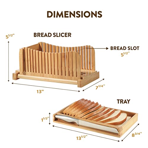 Luxury Bamboo Bread Slicer with Knife - 3 Slice Thickness, Foldable Compact Cutting Guide with Crumb Tray, Stainless Steel Bread Knife for Homemade Bread, Cake, Bagels 5.5” Wide x 5” Tall