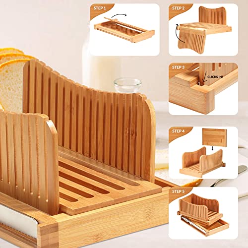 Luxury Bamboo Bread Slicer with Knife - 3 Slice Thickness, Foldable Compact Cutting Guide with Crumb Tray, Stainless Steel Bread Knife for Homemade Bread, Cake, Bagels 5.5” Wide x 5” Tall