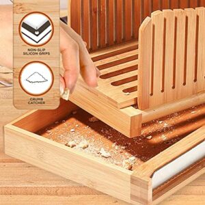 Luxury Bamboo Bread Slicer with Knife - 3 Slice Thickness, Foldable Compact Cutting Guide with Crumb Tray, Stainless Steel Bread Knife for Homemade Bread, Cake, Bagels 5.5” Wide x 5” Tall