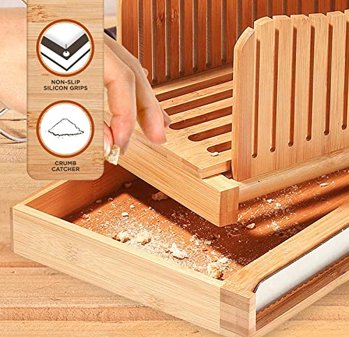 Luxury Bamboo Bread Slicer with Knife - 3 Slice Thickness, Foldable Compact Cutting Guide with Crumb Tray, Stainless Steel Bread Knife for Homemade Bread, Cake, Bagels 5.5” Wide x 5” Tall