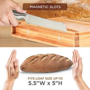 Luxury Bamboo Bread Slicer with Knife - 3 Slice Thickness, Foldable Compact Cutting Guide with Crumb Tray, Stainless Steel Bread Knife for Homemade Bread, Cake, Bagels 5.5” Wide x 5” Tall