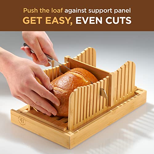 Luxury Bamboo Bread Slicer with Knife - 3 Slice Thickness, Foldable Compact Cutting Guide with Crumb Tray, Stainless Steel Bread Knife for Homemade Bread, Cake, Bagels 5.5” Wide x 5” Tall