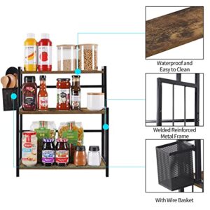 Giikin 3 Tier Adjustable Spice Rack Organizer Storage Shelf , Kitchen Counter Standing Wood Seasonings Rack with a Wire Basket, Countertop Standing Holder for Kitchen, Bathroom, Cabinet, Pantry