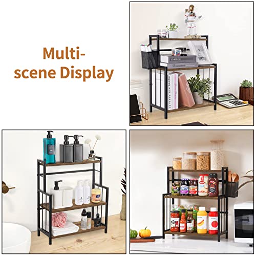 Giikin 3 Tier Adjustable Spice Rack Organizer Storage Shelf , Kitchen Counter Standing Wood Seasonings Rack with a Wire Basket, Countertop Standing Holder for Kitchen, Bathroom, Cabinet, Pantry