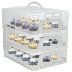 DuraCasa Cupcake Carrier, Cupcake Holder - Premium Upgraded Model - Store up to 36 Cupcakes or 3 Large Cakes - Stacking Cupcake Storage Container - Cookie, Muffin or Cake Carrier (White, Three Tier)