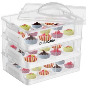 DuraCasa Cupcake Carrier, Cupcake Holder - Premium Upgraded Model - Store up to 36 Cupcakes or 3 Large Cakes - Stacking Cupcake Storage Container - Cookie, Muffin or Cake Carrier (White, Three Tier)