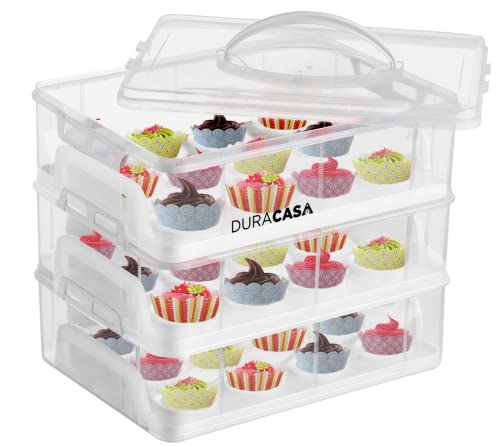 DuraCasa Cupcake Carrier, Cupcake Holder - Premium Upgraded Model - Store up to 36 Cupcakes or 3 Large Cakes - Stacking Cupcake Storage Container - Cookie, Muffin or Cake Carrier (White, Three Tier)