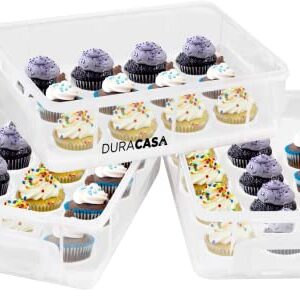 DuraCasa Cupcake Carrier, Cupcake Holder - Premium Upgraded Model - Store up to 36 Cupcakes or 3 Large Cakes - Stacking Cupcake Storage Container - Cookie, Muffin or Cake Carrier (White, Three Tier)