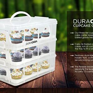 DuraCasa Cupcake Carrier, Cupcake Holder - Premium Upgraded Model - Store up to 36 Cupcakes or 3 Large Cakes - Stacking Cupcake Storage Container - Cookie, Muffin or Cake Carrier (White, Three Tier)