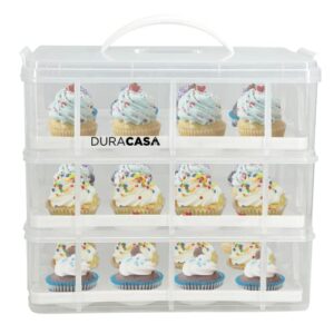 DuraCasa Cupcake Carrier, Cupcake Holder - Premium Upgraded Model - Store up to 36 Cupcakes or 3 Large Cakes - Stacking Cupcake Storage Container - Cookie, Muffin or Cake Carrier (White, Three Tier)