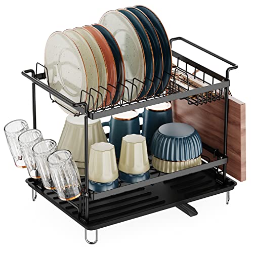 GSlife Dish Drying Rack 2-Tier Small Dish Rack with Drainboard Set, Utensils Holder, Glass Holder and Cutting Board Holder Metal Dish Draine for Kitchen Counter, Black