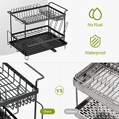 GSlife Dish Drying Rack 2-Tier Small Dish Rack with Drainboard Set, Utensils Holder, Glass Holder and Cutting Board Holder Metal Dish Draine for Kitchen Counter, Black