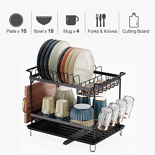 GSlife Dish Drying Rack 2-Tier Small Dish Rack with Drainboard Set, Utensils Holder, Glass Holder and Cutting Board Holder Metal Dish Draine for Kitchen Counter, Black