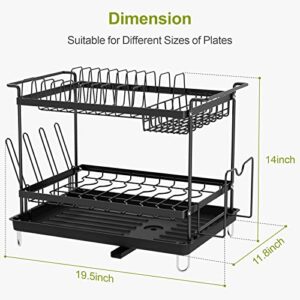 GSlife Dish Drying Rack 2-Tier Small Dish Rack with Drainboard Set, Utensils Holder, Glass Holder and Cutting Board Holder Metal Dish Draine for Kitchen Counter, Black