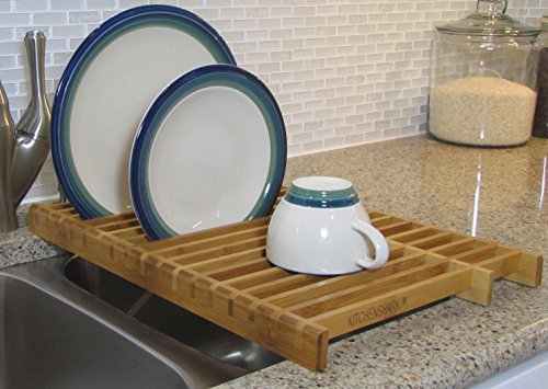 KitchenEdge Over The Sink Dish Drying Rack, Plate Pot Drainer for Kitchen Countertop, 100% Natural Bamboo