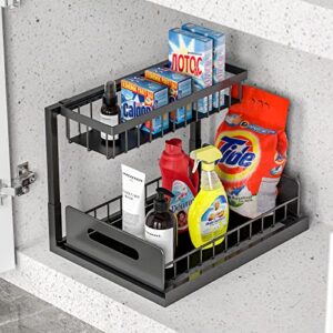 KINGPOUL Under Sink Organizers-2-Tier Heavy Duty Metal Slide Out Pull Out Drawers L-Shape Under Cabinet Storage Around Plumbing, for Under Kitchen Bathroom Sink Organizers and Storage(Black)