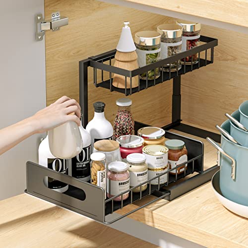 KINGPOUL Under Sink Organizers-2-Tier Heavy Duty Metal Slide Out Pull Out Drawers L-Shape Under Cabinet Storage Around Plumbing, for Under Kitchen Bathroom Sink Organizers and Storage(Black)