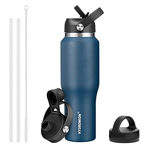 HYDROWION 32oz Stainless Steel Water Bottle(Cold for 48 Hrs, Hot for 24 Hrs), Double Wall Vacuum Insulated Water Flask with Straw Lid, Spout Lid and Flex Cap, Fit in Any Car Cup Holder, Cobalt