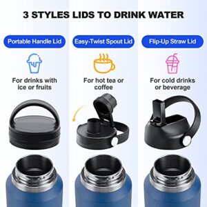 HYDROWION 32oz Stainless Steel Water Bottle(Cold for 48 Hrs, Hot for 24 Hrs), Double Wall Vacuum Insulated Water Flask with Straw Lid, Spout Lid and Flex Cap, Fit in Any Car Cup Holder, Cobalt