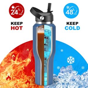 HYDROWION 32oz Stainless Steel Water Bottle(Cold for 48 Hrs, Hot for 24 Hrs), Double Wall Vacuum Insulated Water Flask with Straw Lid, Spout Lid and Flex Cap, Fit in Any Car Cup Holder, Cobalt