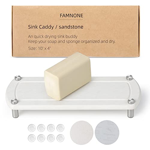 FAMNONE Bathroom Sink Caddy Dries Fast, Diatomaceous Earth Absorbs Moisture Bottle Drying Rack Sink Organizer on Countertop with Bottom Rubber Replacement & Grind Cleaning Sheets