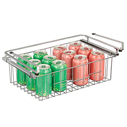 mDesign Large Metal Wire Hanging Pullout Drawer Basket - Sliding Under Shelf Storage Organizer - Attaches to Shelving - Easy Install - Chrome