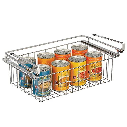 mDesign Large Metal Wire Hanging Pullout Drawer Basket - Sliding Under Shelf Storage Organizer - Attaches to Shelving - Easy Install - Chrome