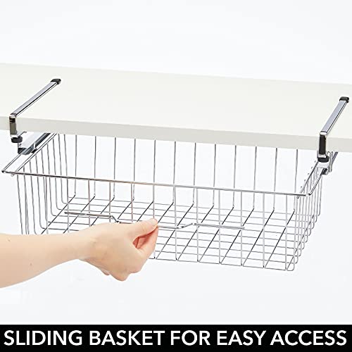 mDesign Large Metal Wire Hanging Pullout Drawer Basket - Sliding Under Shelf Storage Organizer - Attaches to Shelving - Easy Install - Chrome