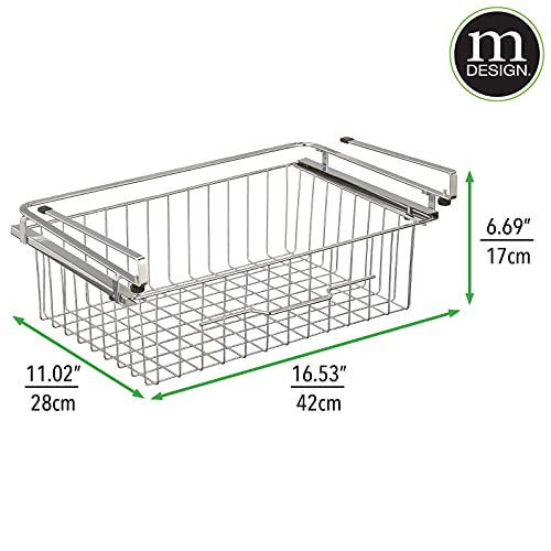 mDesign Large Metal Wire Hanging Pullout Drawer Basket - Sliding Under Shelf Storage Organizer - Attaches to Shelving - Easy Install - Chrome