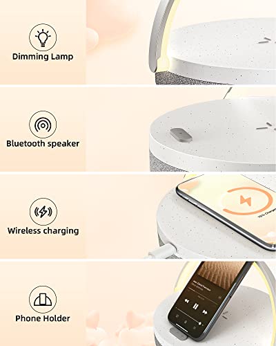 LED Night Light, EZVALO Music Bedside Lamp with Wireless Charger, 4 in 1 Touch Lamp, Portable Bluetooth Speaker, Phone Holder, Dimmable Wireless Charging Lamp Birthday Gifts for Women, Men, Dad, Mom