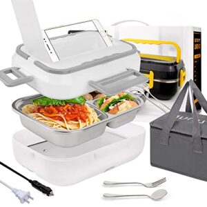 electric lunch box food heater, portable food warmer 12v/24v for car/truck,110v for work home heated lunch box for adults, removable 304 stainless steel container, fork, spoon, and carry bag