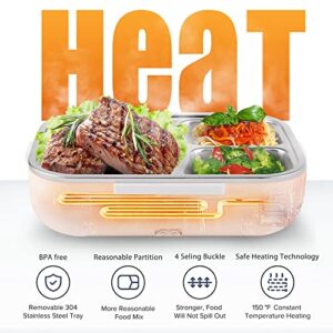 Electric Lunch Box Food Heater, Portable Food Warmer 12V/24V for Car/Truck,110V for Work Home Heated Lunch Box for Adults, Removable 304 Stainless Steel Container, Fork, Spoon, and Carry Bag