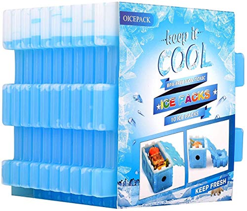 10 x Ice Packs for Lunch Box, Freezer Packs, Reusable Slim Cool Pack for Lunch Bags/Lunch Boxes/Office/Jobsite/Picnics/Camping/Beach, for All Ages Use, Set of 10, Blue