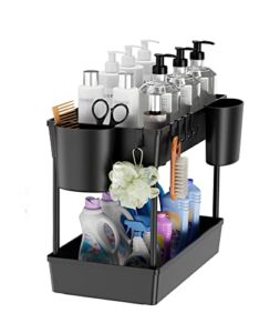 under sink organizer, 2 tier kitchen under cabinet countertop organizers storage rack basket with 5 hooks and 2 hanging cup for bathroom, kitchen, pantry (1)