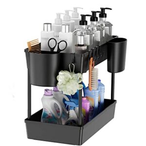 Under Sink Organizer, 2 tier Kitchen Under Cabinet Countertop Organizers Storage Rack Basket with 5 Hooks and 2 Hanging Cup for Bathroom, Kitchen, Pantry (1)