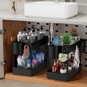 Under Sink Organizer, 2 tier Kitchen Under Cabinet Countertop Organizers Storage Rack Basket with 5 Hooks and 2 Hanging Cup for Bathroom, Kitchen, Pantry (1)