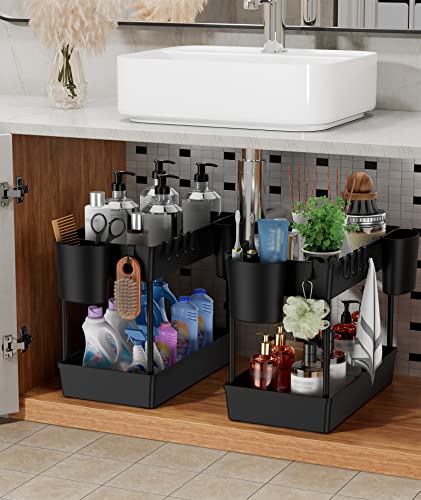 Under Sink Organizer, 2 tier Kitchen Under Cabinet Countertop Organizers Storage Rack Basket with 5 Hooks and 2 Hanging Cup for Bathroom, Kitchen, Pantry (1)