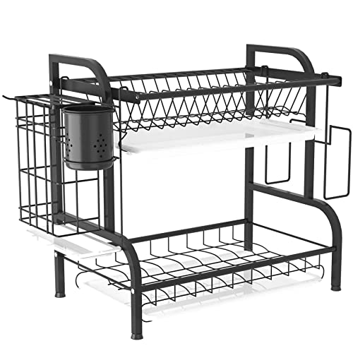 C&AHOME 2-Tier Dish Drying Rack, Large Capacity Stainless Steel Dish Drainer with Utensil Holder, Knife Holder, Cutting Board Holder, 3 Removable Drain Board and Adjustable Feet for Kitchen Black