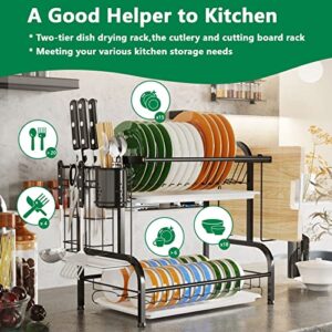 C&AHOME 2-Tier Dish Drying Rack, Large Capacity Stainless Steel Dish Drainer with Utensil Holder, Knife Holder, Cutting Board Holder, 3 Removable Drain Board and Adjustable Feet for Kitchen Black