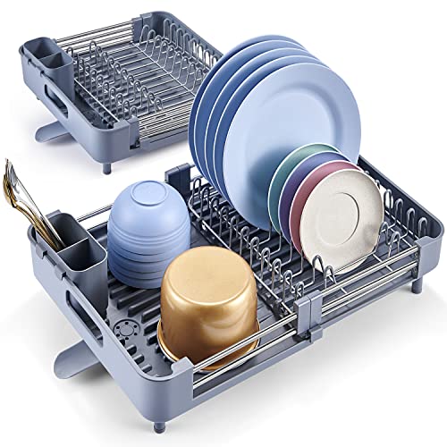 BRWINASLL Dish Drying Rack, Expandable Sink Dish Rack , Stainless Steel Drying Rack for Kitchen Counter and Drainboard Set with Removable Utensil Holder, Grey Dish Rack - 13.4-21.7 Inch