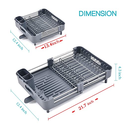 BRWINASLL Dish Drying Rack, Expandable Sink Dish Rack , Stainless Steel Drying Rack for Kitchen Counter and Drainboard Set with Removable Utensil Holder, Grey Dish Rack - 13.4-21.7 Inch