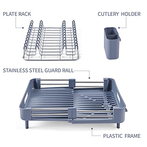 BRWINASLL Dish Drying Rack, Expandable Sink Dish Rack , Stainless Steel Drying Rack for Kitchen Counter and Drainboard Set with Removable Utensil Holder, Grey Dish Rack - 13.4-21.7 Inch