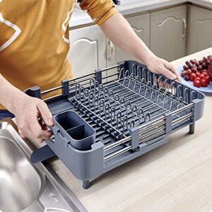 BRWINASLL Dish Drying Rack, Expandable Sink Dish Rack , Stainless Steel Drying Rack for Kitchen Counter and Drainboard Set with Removable Utensil Holder, Grey Dish Rack - 13.4-21.7 Inch