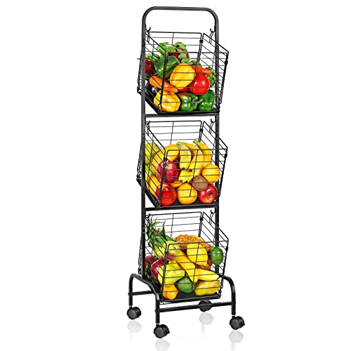 OYEAL 3 Tier Fruit Basket Tiered Market Basket Storage Stand for Kitchen Metal Wire Fruit and Vegetable Storage Basket Food Storage Chart with 4 Wheels