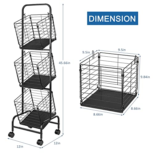 OYEAL 3 Tier Fruit Basket Tiered Market Basket Storage Stand for Kitchen Metal Wire Fruit and Vegetable Storage Basket Food Storage Chart with 4 Wheels